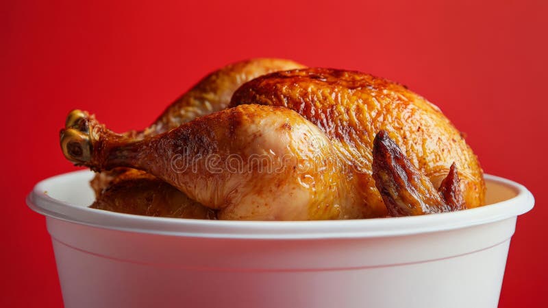 Roasted Chicken in White Container Against Red Background Stock ...