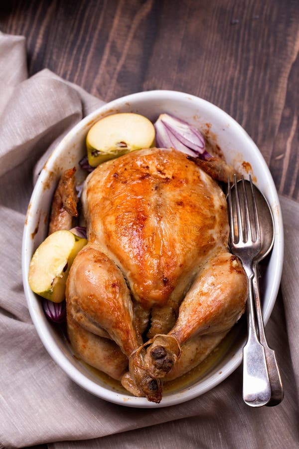 Roasted Chicken on Wooden Table, Top View Stock Image - Image of heat ...