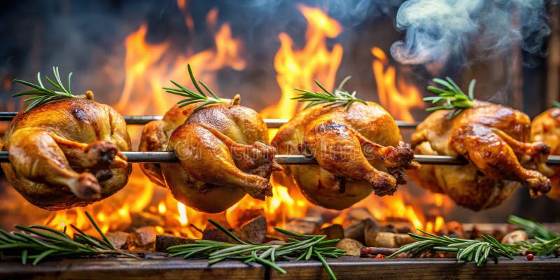 Roasted Chickens on a Rotisserie Over an Open Fire. Generative AI Stock ...