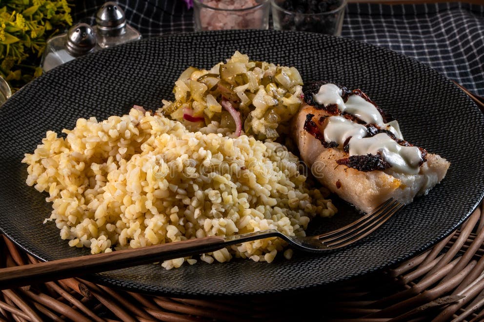 Roasted Cod Fish with Bulgur Stock Photo - Image of lunch, dish: 349693058