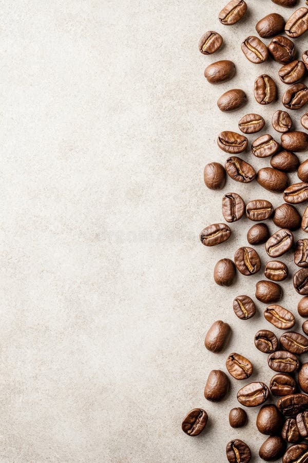Roasted Coffee Beans Arranged on Right Side of Image. Beige Textured ...