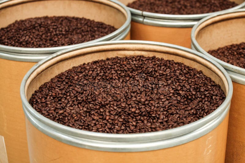 Roasted Coffee Beans in Buckets Stock Photo - Image of assistant ...
