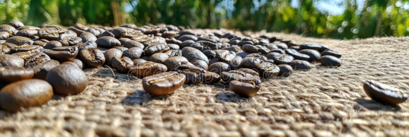 Roasted Coffee Beans on Burlap Surface in Natural Sunlit Environment ...