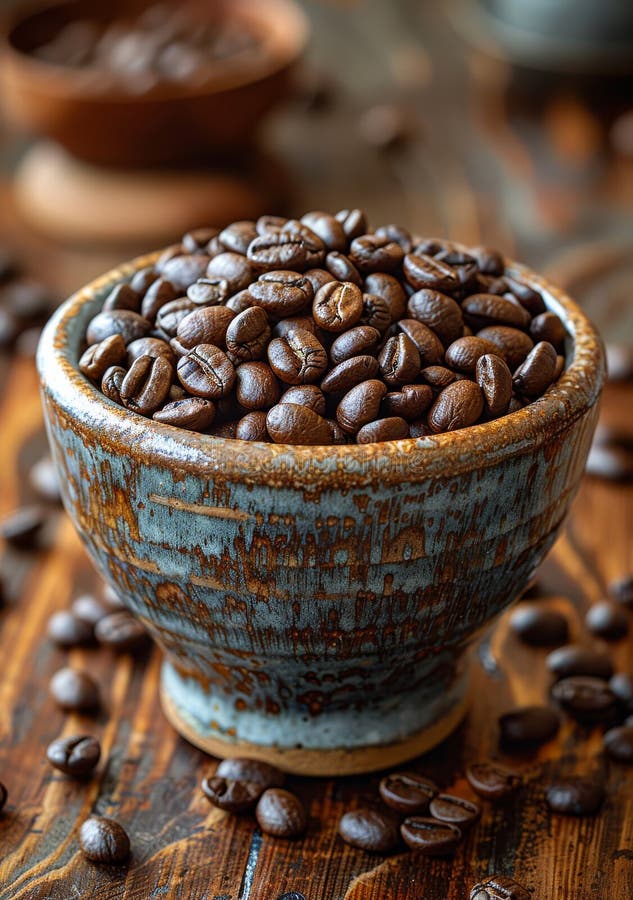 Roasted Coffee Beans in Ceramic Bowl. a Coffee Beans in a Small Bowl on ...