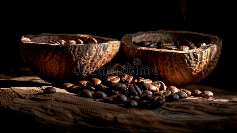 Roasted Coffee Beans in Coconut Shells on Rustic Wooden Surface with ...