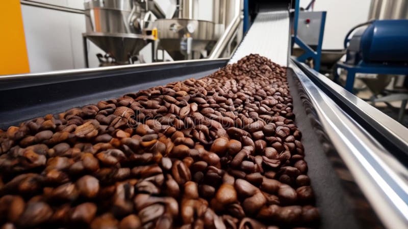 Roasted Coffee Beans on a Conveyor Belt in a Coffee Processing Facility ...