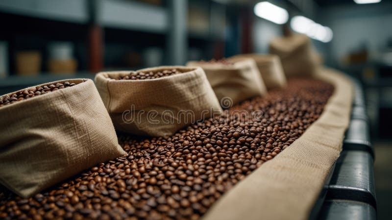 Roasted Coffee Beans on a Conveyor System in a Modern Factory ...