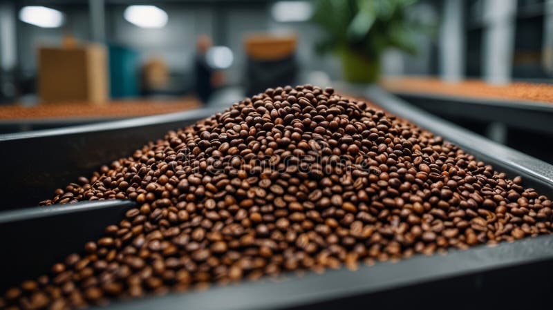 Roasted Coffee Beans on a Conveyor System in a Modern Factory ...