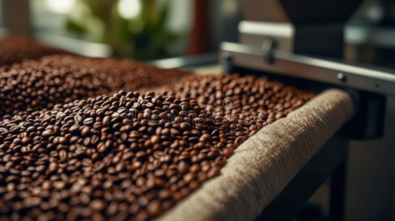 Roasted Coffee Beans on a Conveyor System in a Modern Factory ...