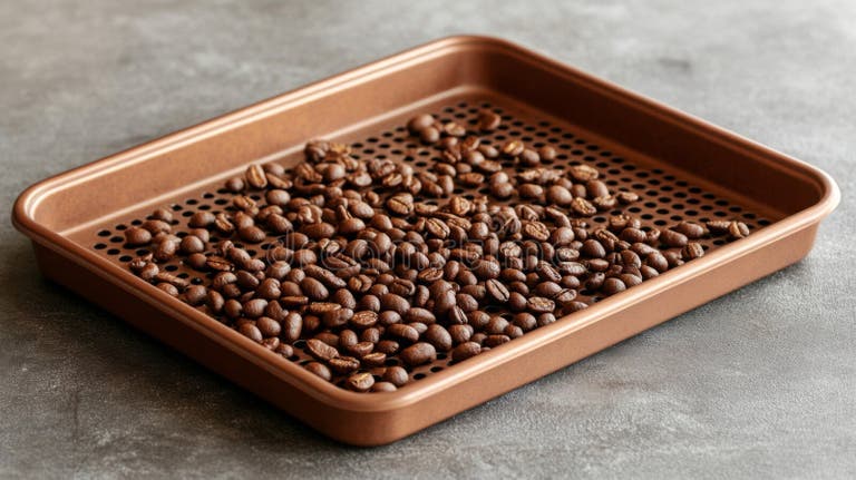 Roasted Coffee Beans in a Copper Baking Sheet with a Wire Mesh Bottom ...