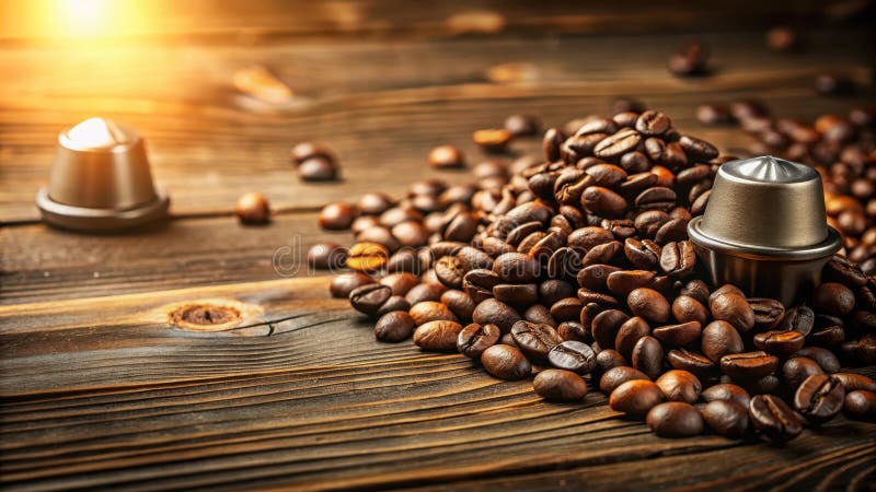 Roasted Coffee Beans and Espresso Pods on a Wooden Surface. Generative ...