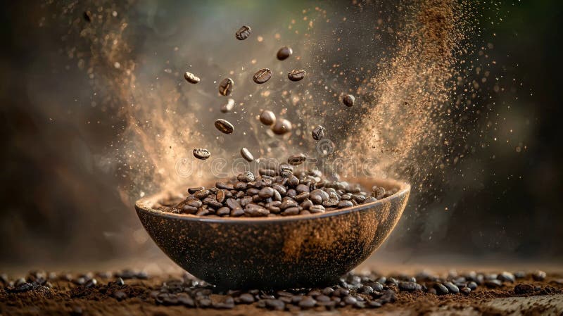 Roasted Coffee Beans Exploding in Motion with Rustic Background Stock ...