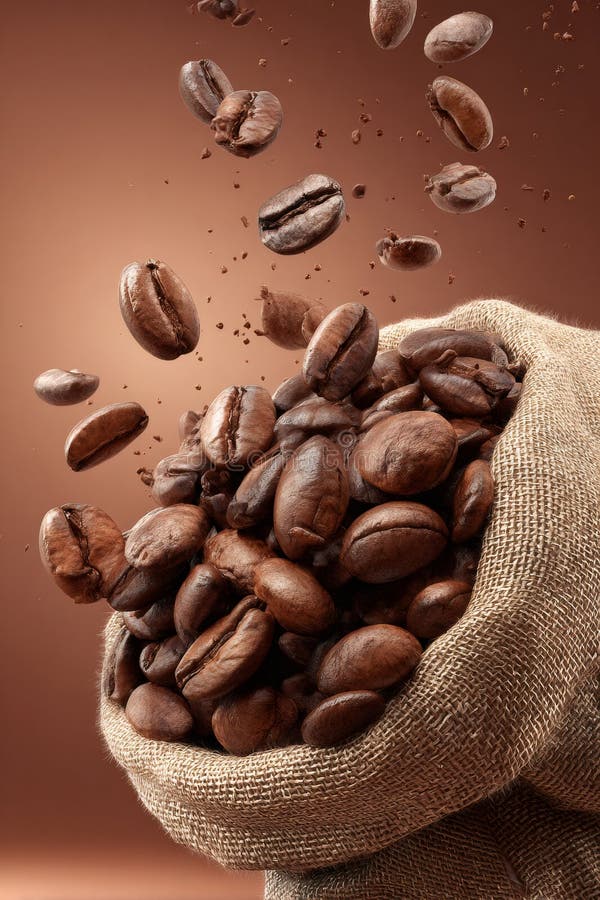 Roasted Coffee Beans Falling and Bouncing Inside a Burlap Sack, with ...