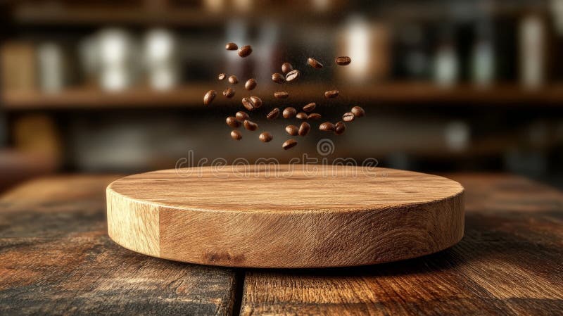 Roasted Coffee Beans Falling on Empty Round Wooden Board, Rustic Table ...