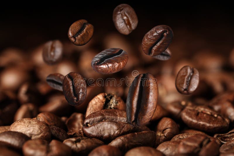 Roasted Coffee Beans Falling on Heap Against Black Background, Closeup ...