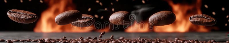 Roasted Coffee Beans Falling on Pile with Fire in Background Stock ...