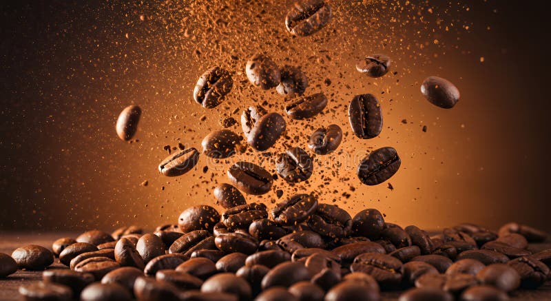 Roasted Coffee Beans Falling with Coffee Powder on Brown Background ...