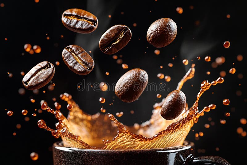 Roasted Coffee Beans Falling into a Rich Coffee Cup Stock Illustration ...