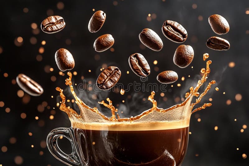 Roasted Coffee Beans Falling into a Rich Coffee Cup Stock Illustration ...