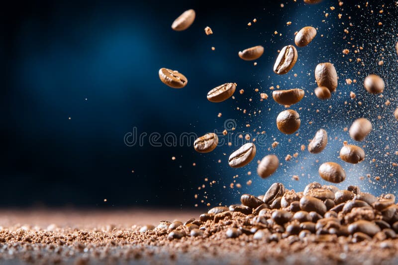 Roasted Coffee Beans Falling and Scattering on Dark Background Stock ...