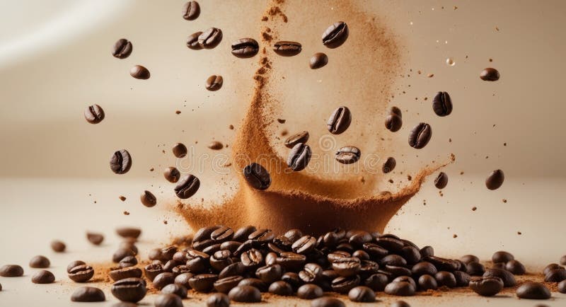 Roasted Coffee Beans Falling and Splashing Ground Coffee Dust in Warm ...