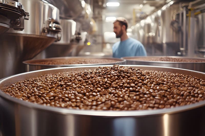 Roasted Coffee Beans Fill Large Containers As a Worker Monitors the ...