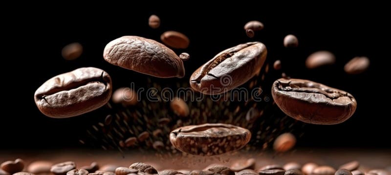 Roasted Coffee Beans Floating in Dynamic Motion on Black Background in ...