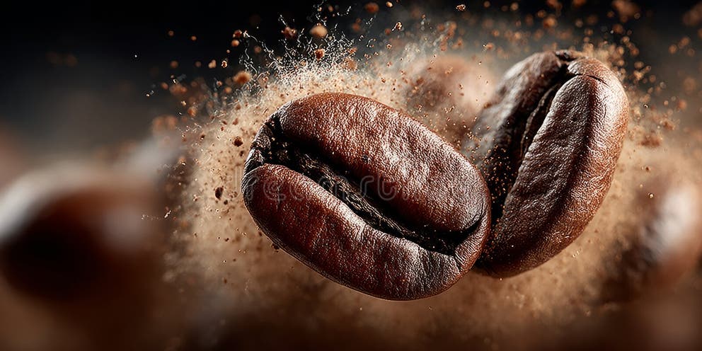 Roasted Coffee Beans Floating with Ground Dust Stock Image - Image of ...