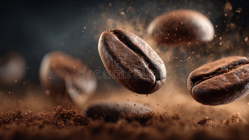Roasted Coffee Beans Floating with Ground Dust Stock Photo - Image of ...