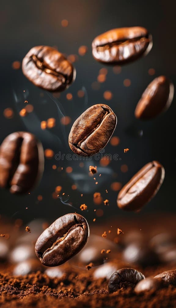Roasted Coffee Beans Floating in Levitation on Dark Background for a ...