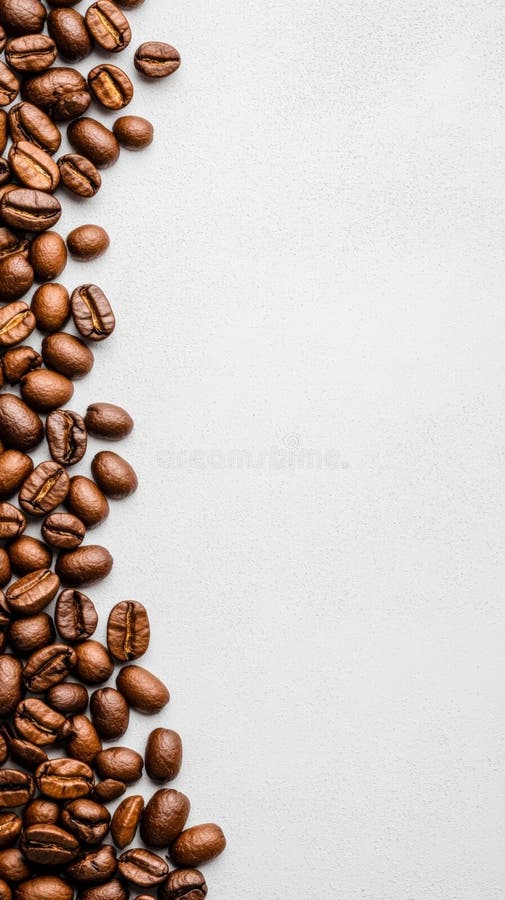 Roasted Coffee Beans Forming a Vertical Line on White Background Stock ...