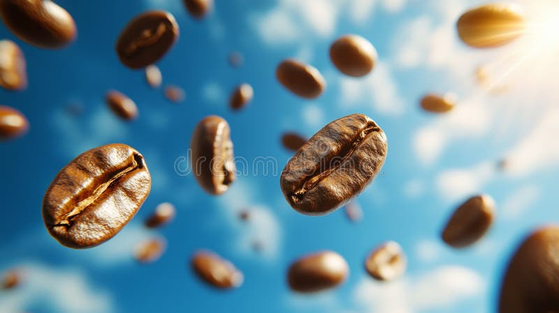 Roasted Coffee Beans in Free Fall Against a Blue Cloudy Sky Background ...