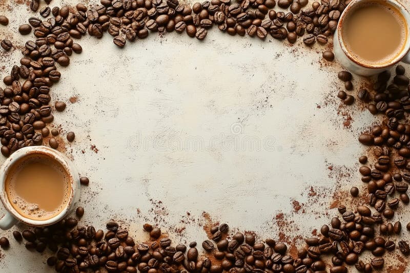 Roasted Coffee Beans and Ground Coffee Creating a Frame Around Two Cups ...