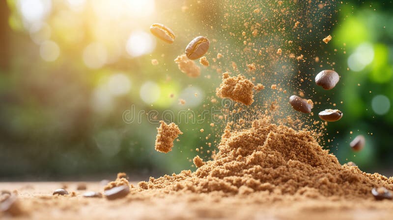 Roasted Coffee Beans and Grounds Exploding Against a Blurred Green ...