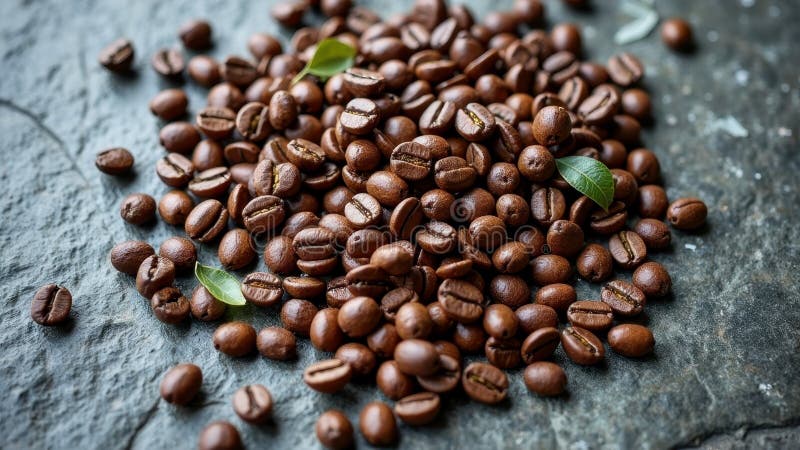 Roasted Coffee Beans with Leaf Accents on Stone Surface Stock Photo ...