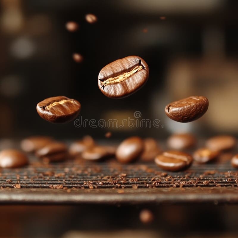 Roasted Coffee Beans in Mid-Air Above a Grill with a Shallow Depth of ...