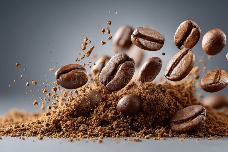 Roasted Coffee Beans in Motion Over Fresh Ground Coffee on Gray ...