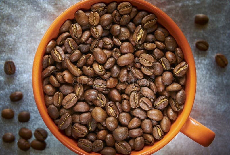 Roasted Coffee Beans in an Orange Cup on a Silver Background, View from ...