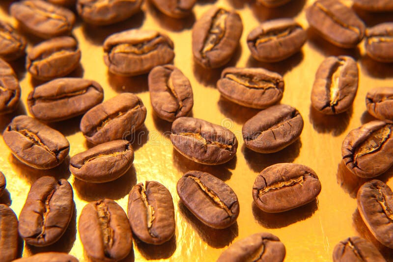 Roasted Coffee Beans in an Oval Shape on a Reflective Gold Backdrop ...
