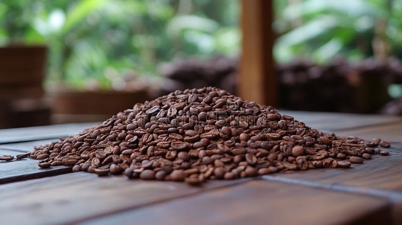 Roasted Coffee Beans Piled High on a Wooden Table Stock Illustration ...