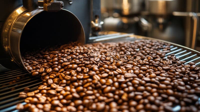 Roasted Coffee Beans Pouring from Industrial Equipment Stock Image ...