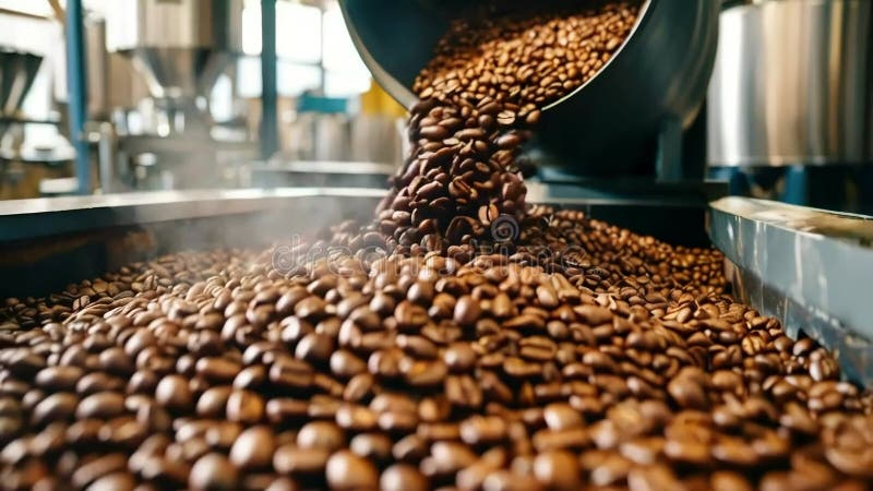 Roasted Coffee Beans Pouring from a Large Container into a Processing ...
