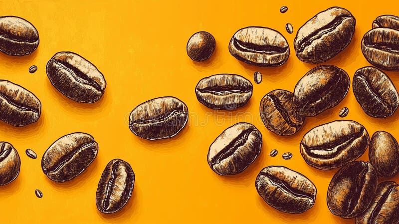 Roasted Coffee Beans Scattered on Orange Background AI-generated. Stock ...