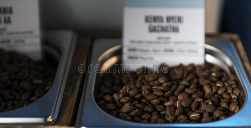 Roasted Coffee Beans in the Shop. Stock Image - Image of container ...