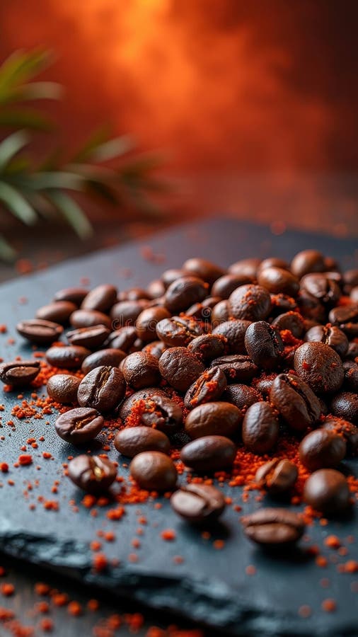 Roasted Coffee Beans with Spices on Dark Slate Surface Stock Image ...