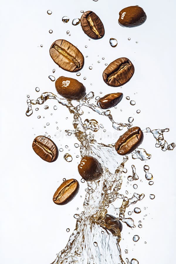 Roasted Coffee Beans Splashing into Water with a White Background Stock ...