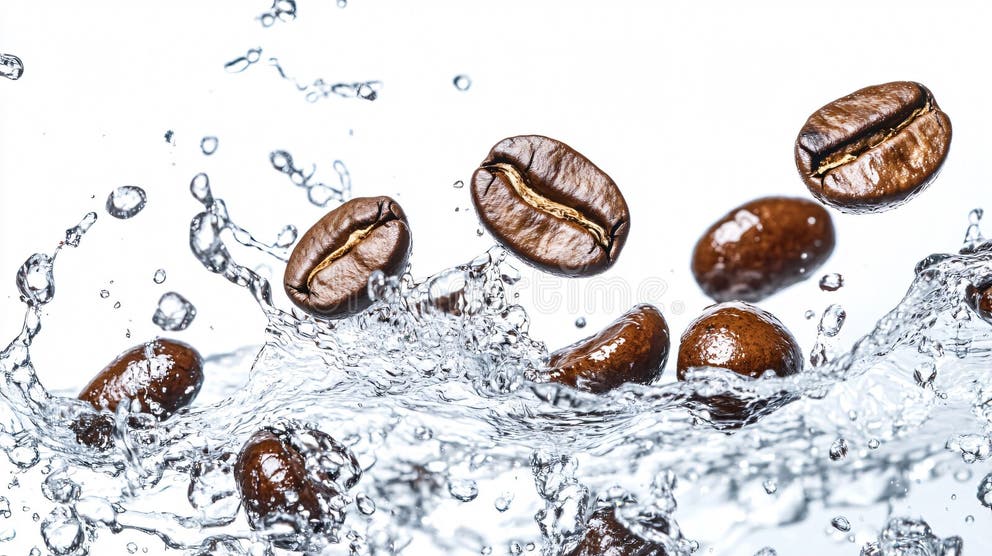 Roasted Coffee Beans Splashing into Water on White Background Stock ...