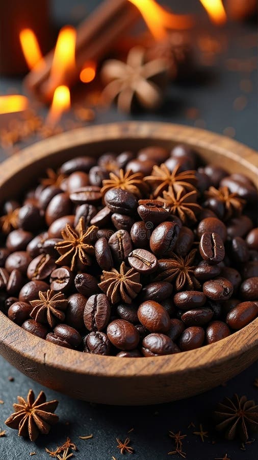 Roasted Coffee Beans and Star Anise in Wooden Bowl with Warm Lighting ...