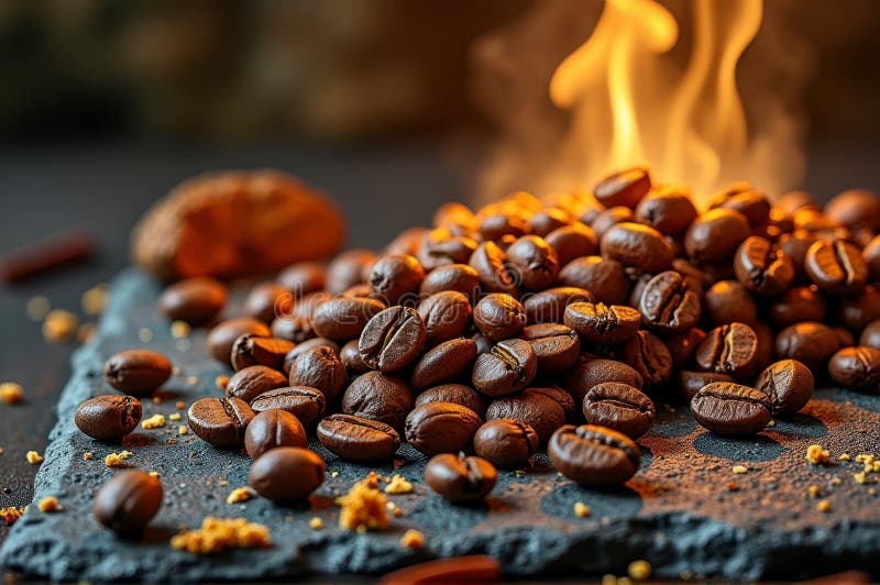 Roasted Coffee Beans Stone Fire Background Stock Photos - Free ...