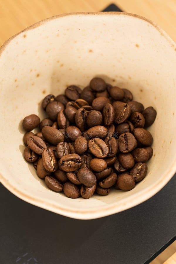 Roasted Coffee Beans Weighing with Digital Scale on Table Stock Image ...